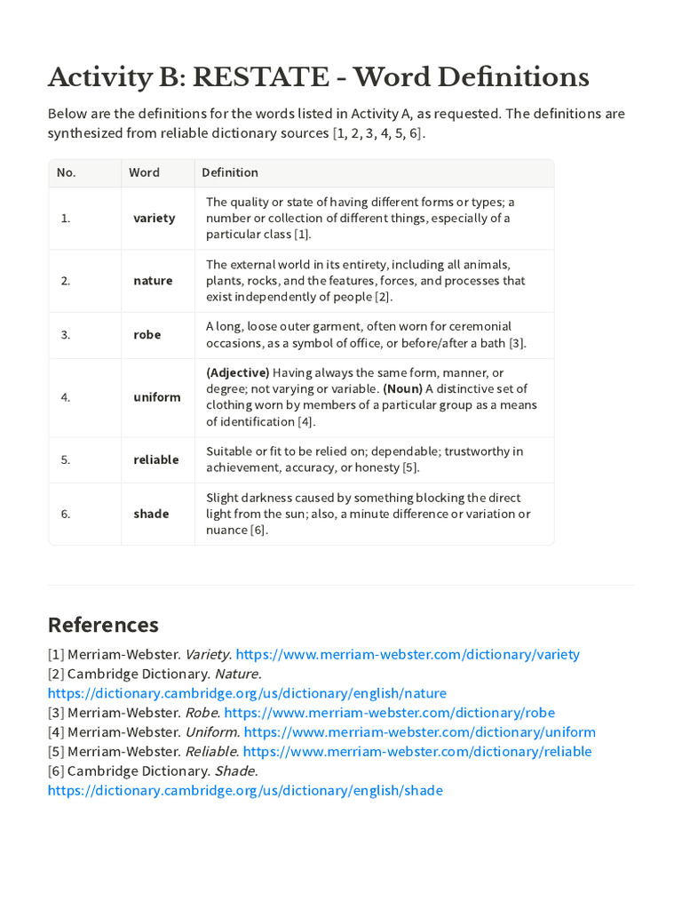 Activity B RESTATE - Word Definitions | PDF