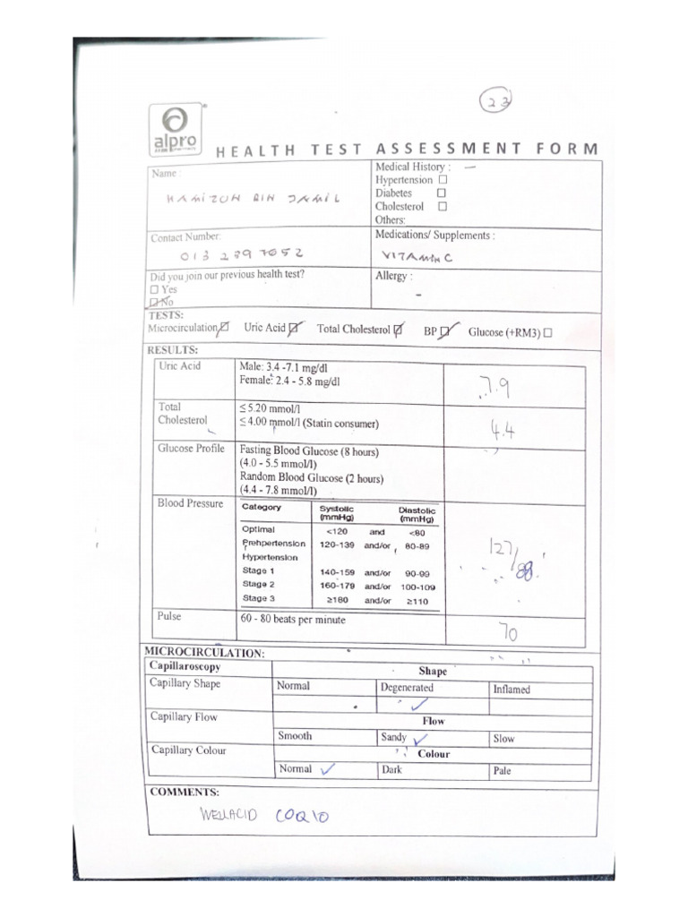 Health Test Assessment Form | PDF