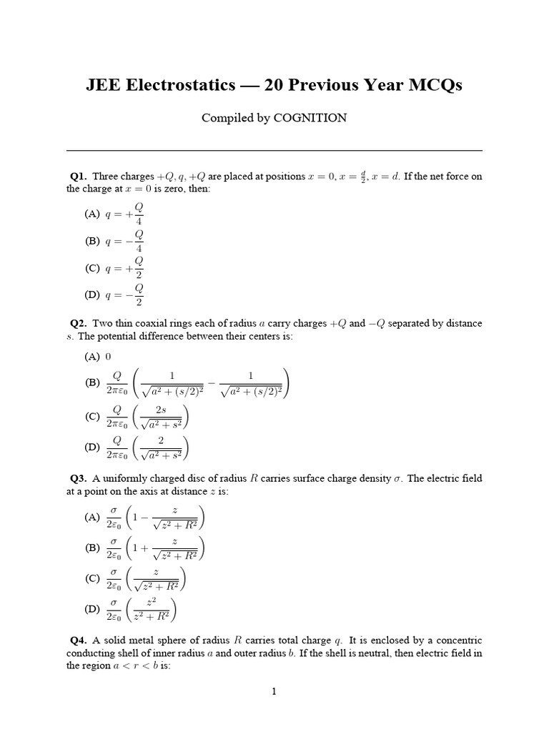 JEE Electrostatics: 20 MCQs Explained | PDF | Physical Phenomena ...