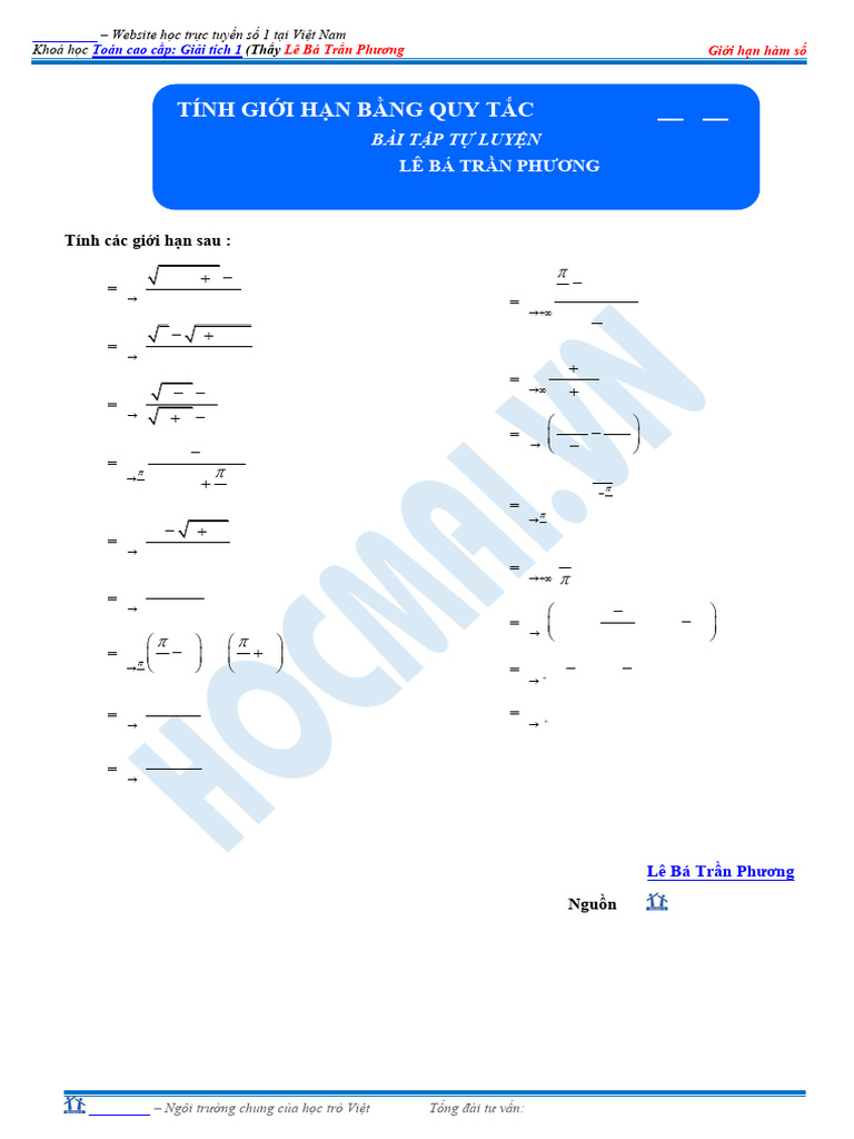 Bai 01 BTTL Tinh Gioi Han Bang Quy Tac Lopitan p1 p2 | PDF