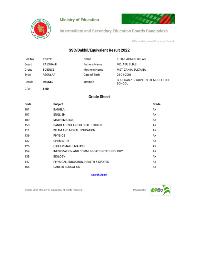 SSC Result 2022: Istiaq Ahmed Ullas | PDF | Educational Stages