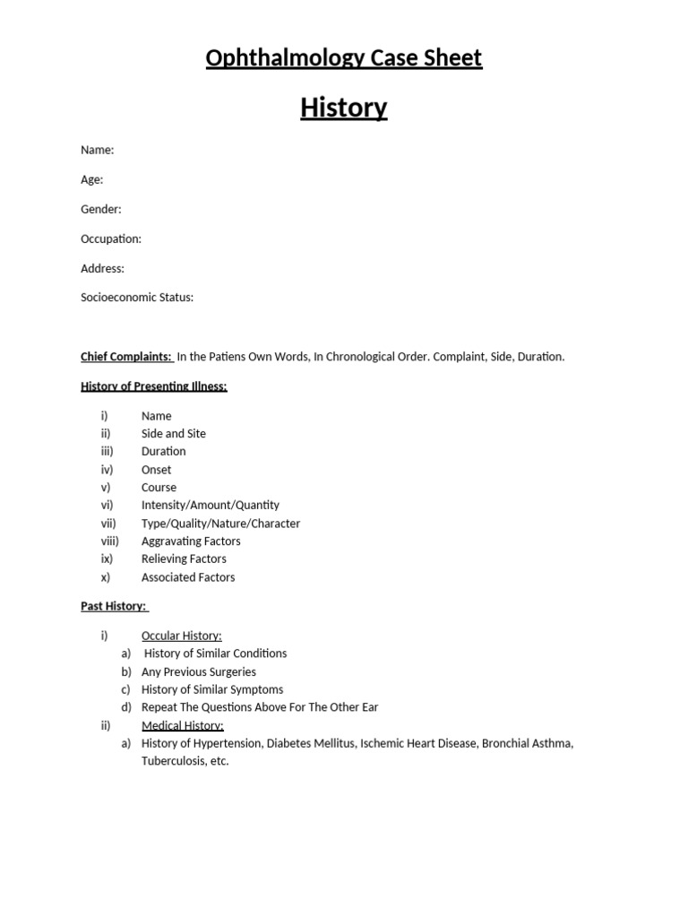 Ophthalmology Case Sheet | PDF | Human Eye | Clinical Medicine