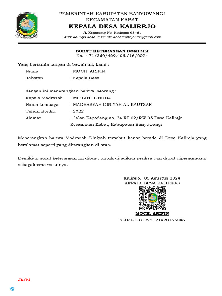 Surat Keterangan Domisili Madrasah Kalirejo | PDF
