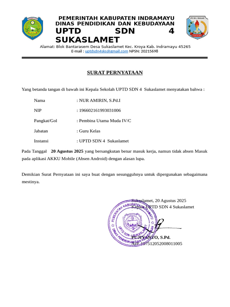 Surat Pernyataan Lupa Absen Pulang | PDF