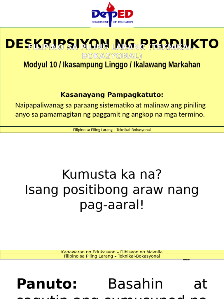 Modyul 10 Deskripsiyon NG Produkto No Quiz | PDF
