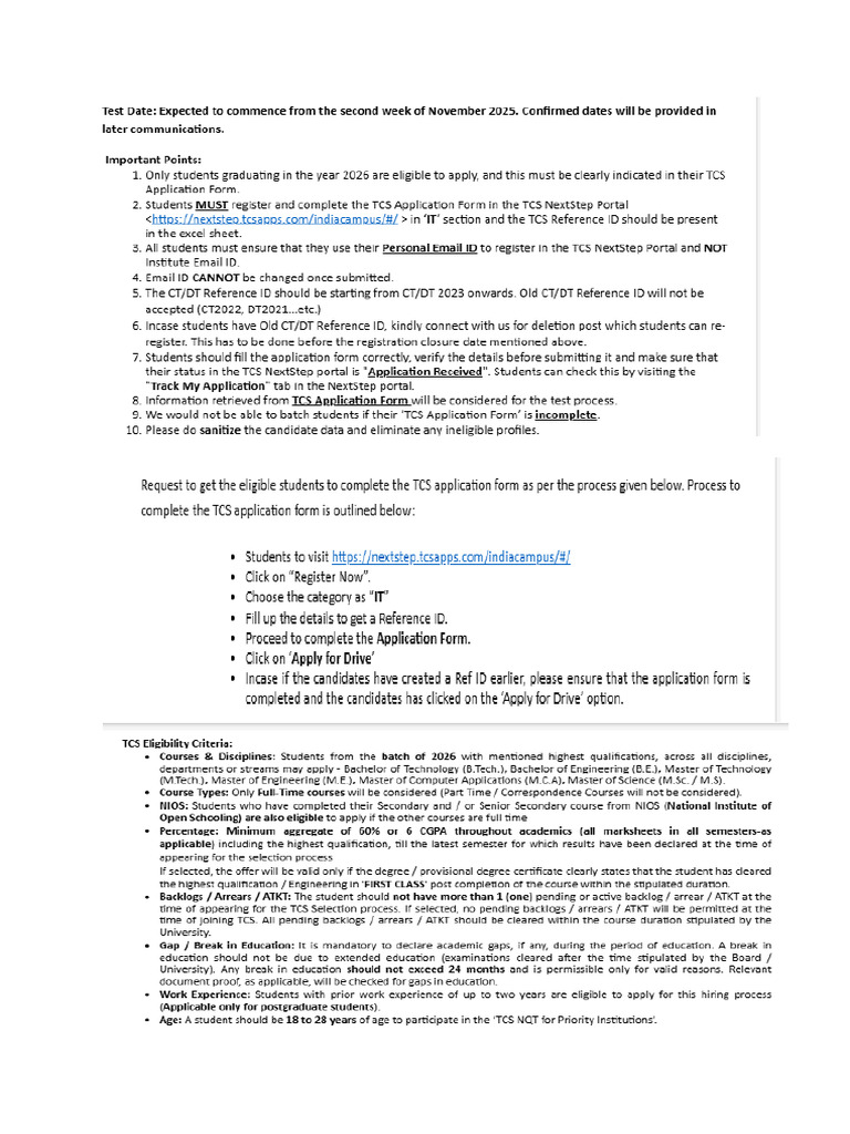 TCS -Registration & Eligibility Details - Batch 2026 | PDF