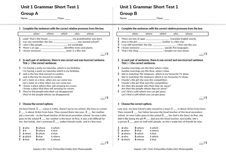 Unit 1 Grammar Short Test 1 A+B | PDF | Languages | Foreign Language ...