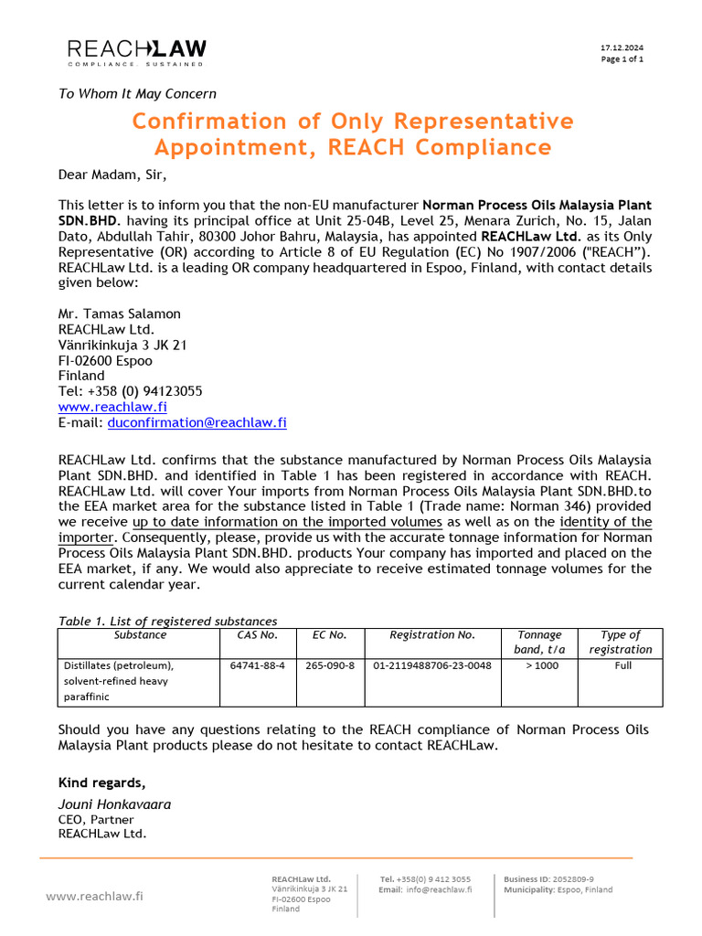 REACH Compliance Certificate - REACHLaw - Norman Process Oils Malaysia ...