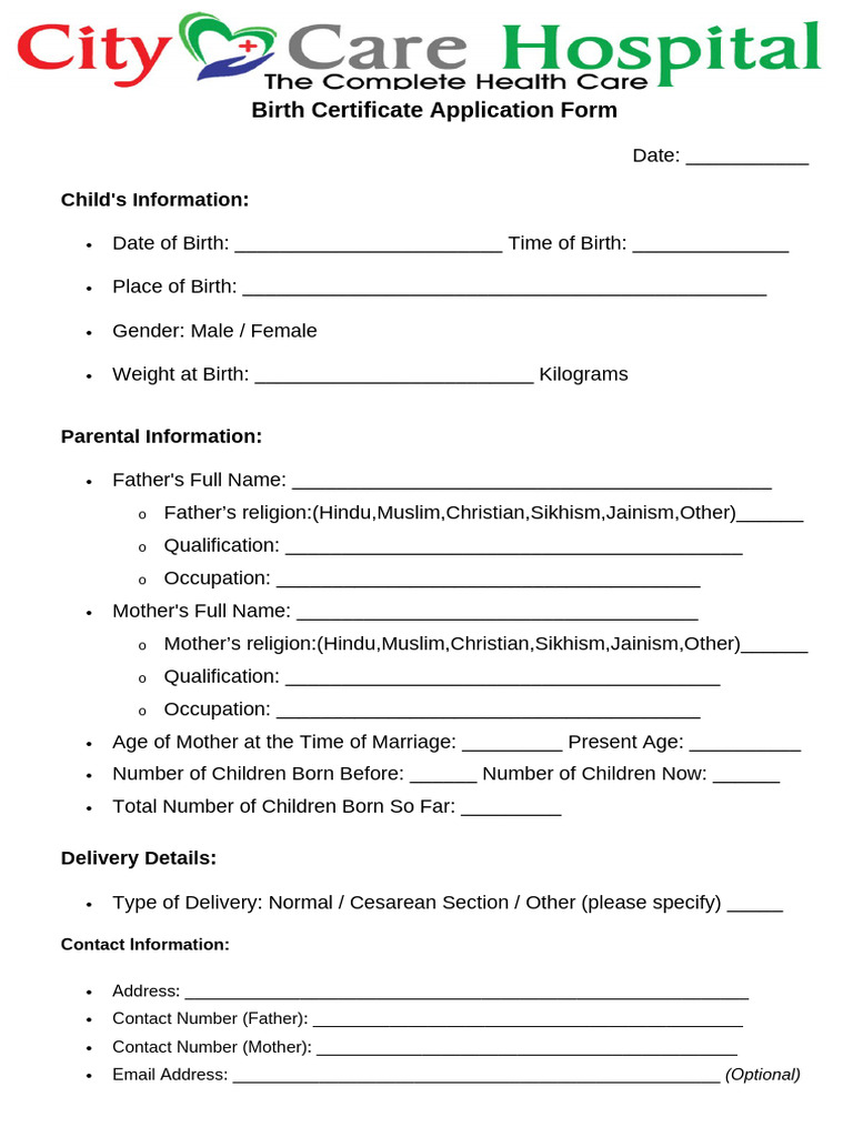 Birth Certificate Application Form | PDF | Birth Certificate