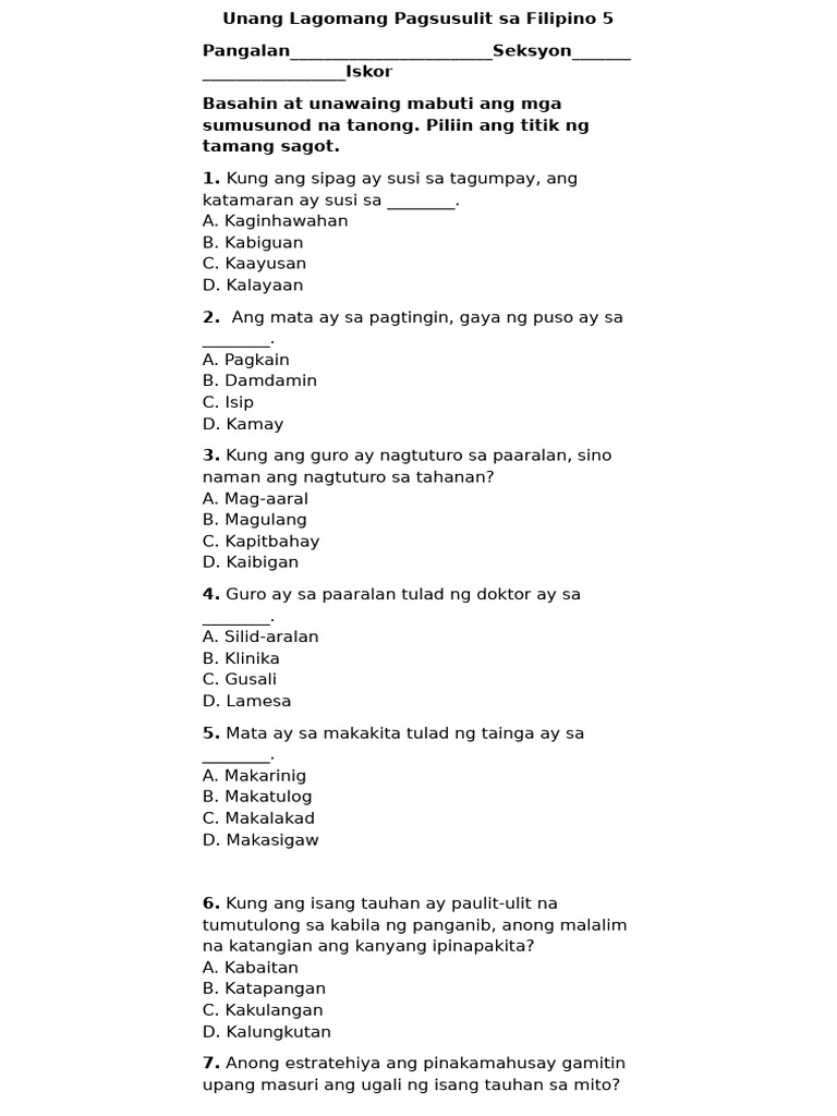 Unang Lagomang Pagsusulit Sa Filipino 5 | PDF