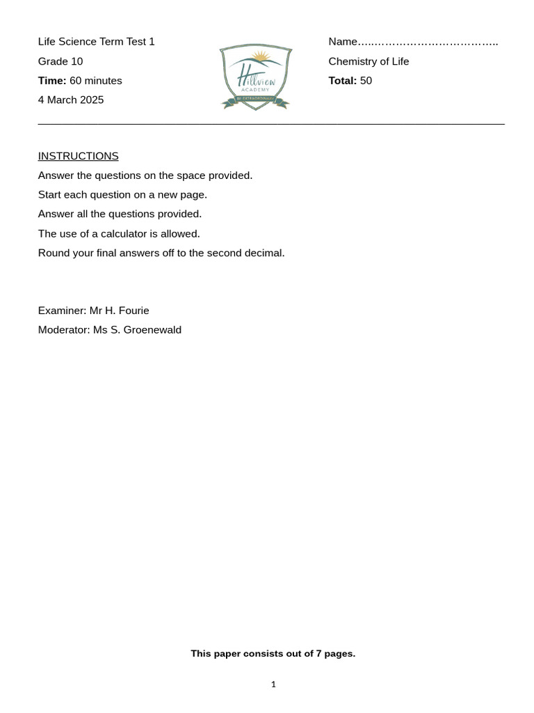 Life Science Term Test 1 2025 | PDF | Carbohydrates | Biochemistry