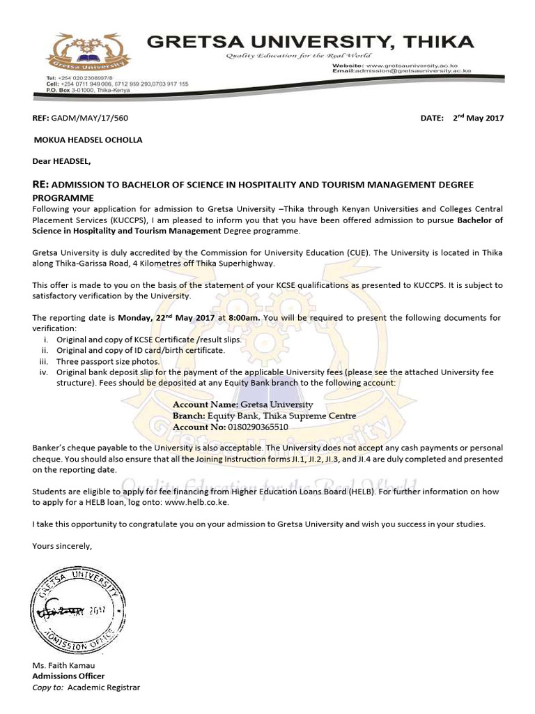 Mokua Headsel Ocholla Adm Letter | PDF