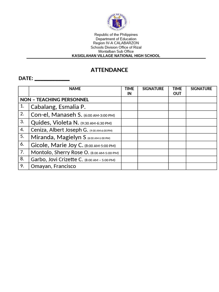 Attendance Record for Kasiglahan High School | PDF