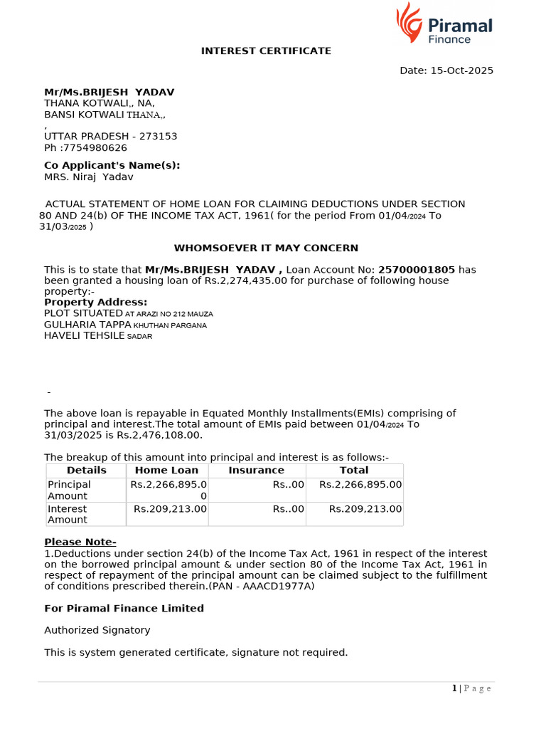 Home Loan Interest Certificate 2025 | PDF