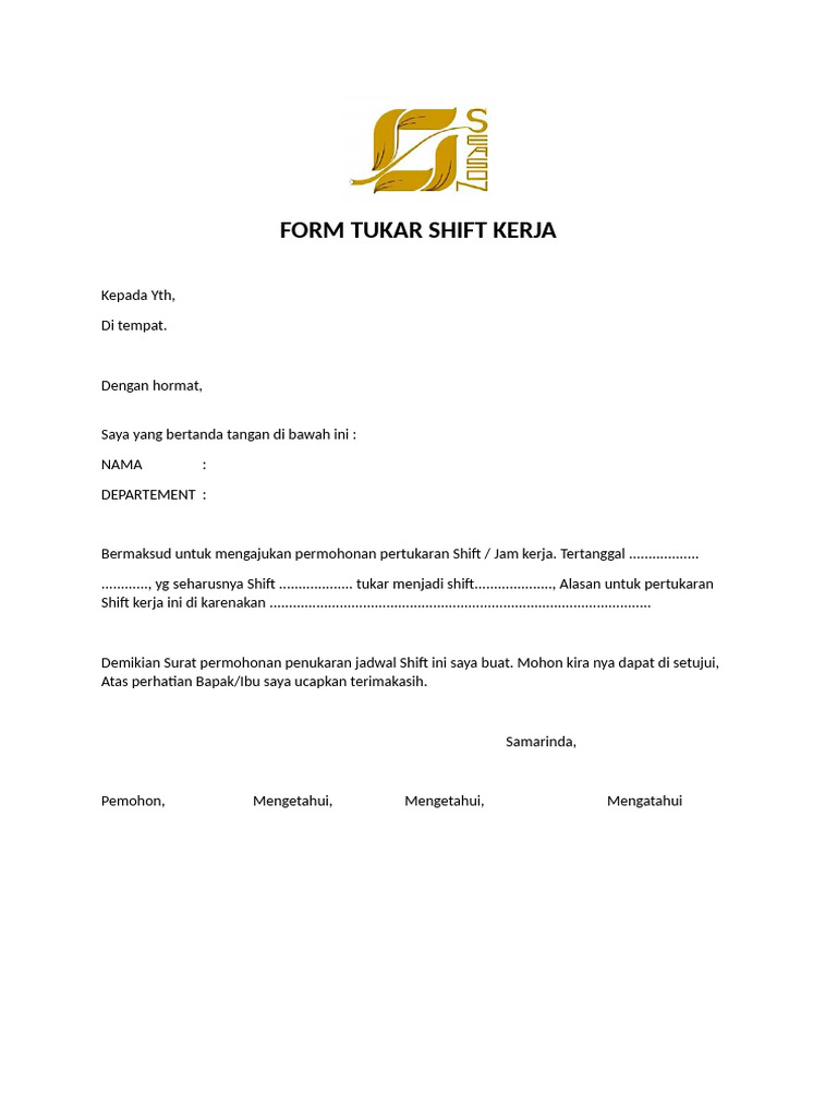 Formulir Permohonan Tukar Shift Kerja | PDF