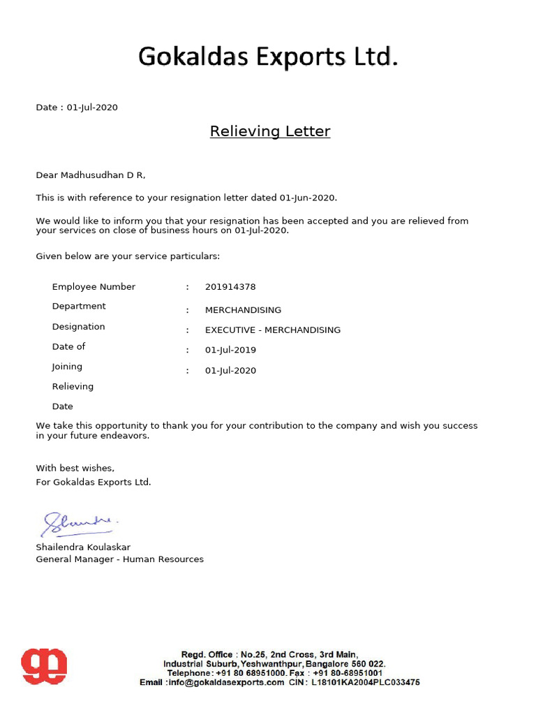 Relieving Letter Srikanth R | PDF