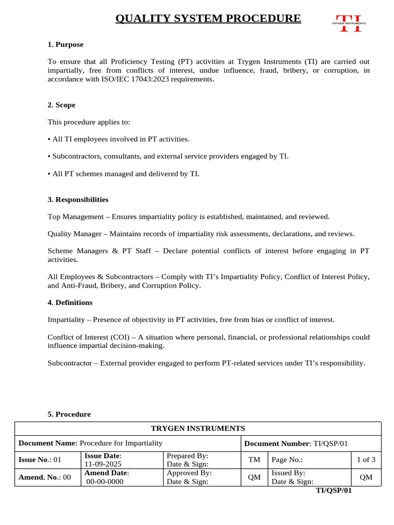 TI-QSP-01 Procedure For Impartialty | PDF | Business