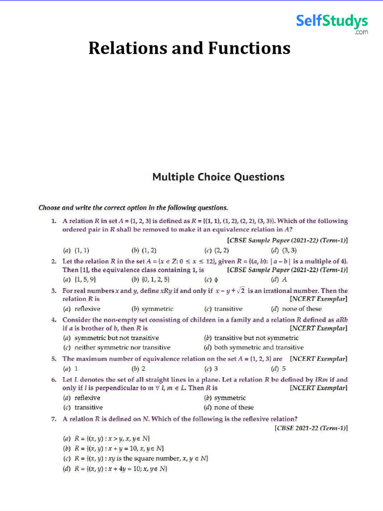 12th Class Relations and Functions Question Bank | PDF
