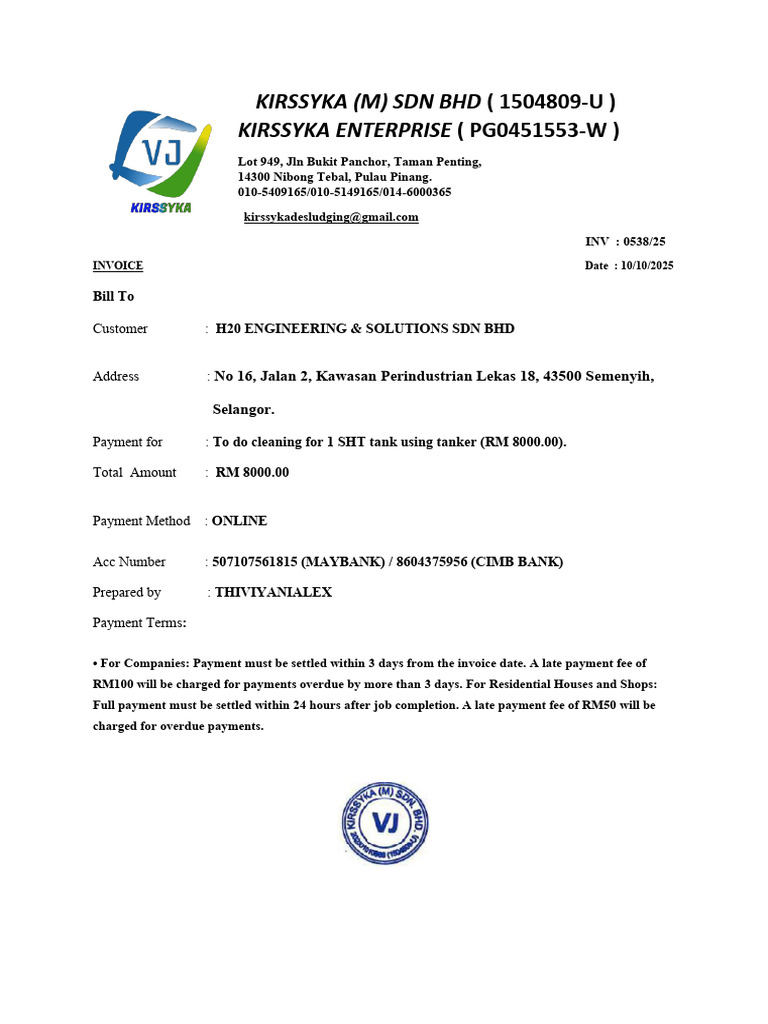 Invoice for Cleaning Services - H20 Engineering | PDF