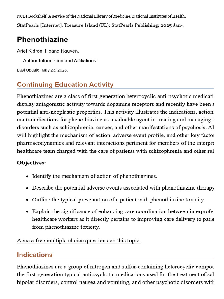 Phenothiazine - StatPearls - NCBI Bookshelf | PDF | Antipsychotic ...