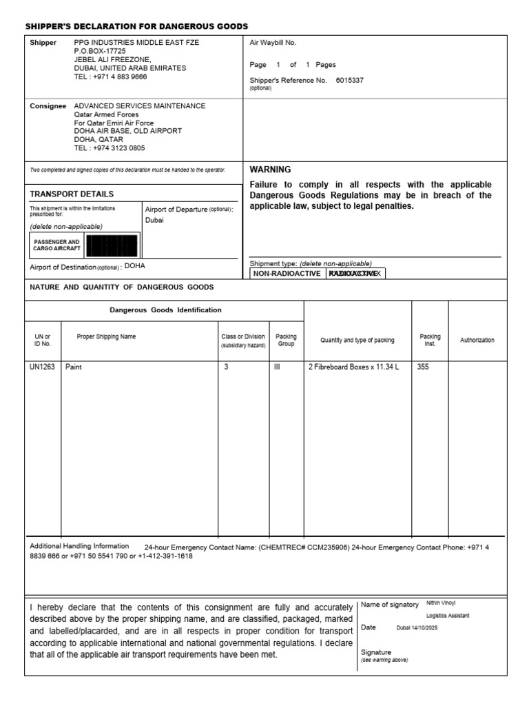 Dangerous Goods Shipping Declaration | PDF | Dangerous Goods | Transport