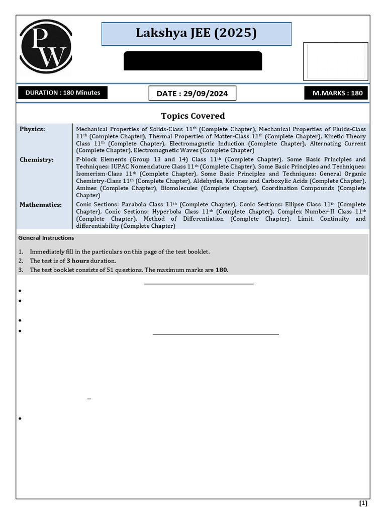 Advance Practice Test 03 (Paper 01) Test Paper (PCM) | PDF | Elasticity ...