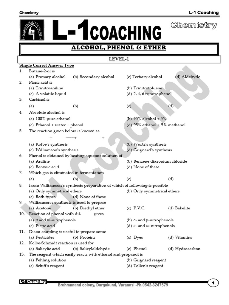 Alcohol, Phenol & Ether Quiz Questions | PDF | Ether | Ethanol