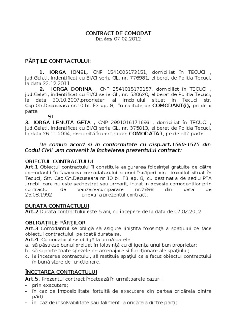 Contract de Comodat Model 01