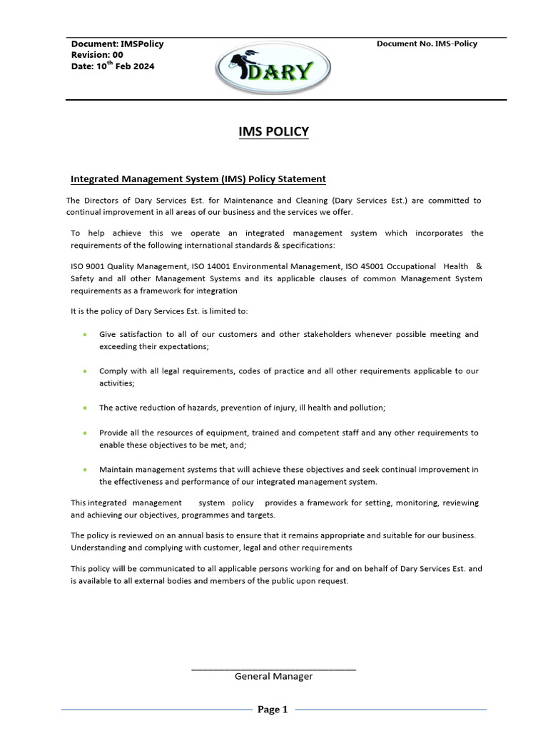 Dary Est - QHSE - IMS - Policy Statement | PDF