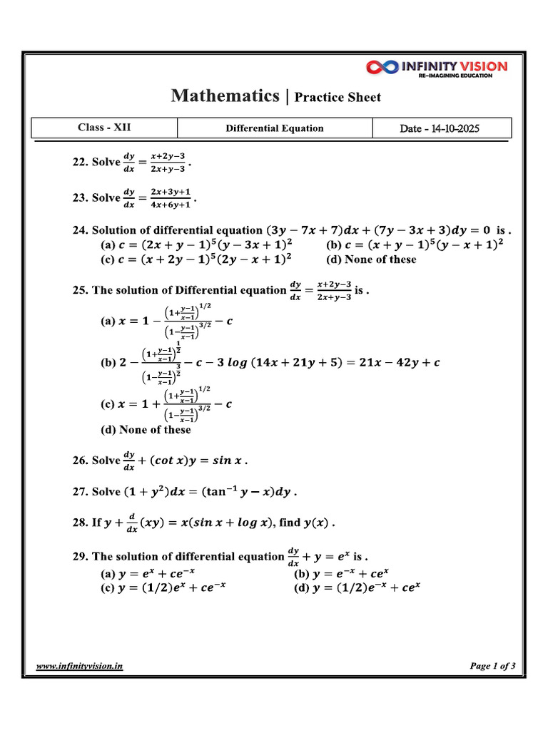 Practice Sheet-3 Differential Equation 14-Oct-2025 | PDF
