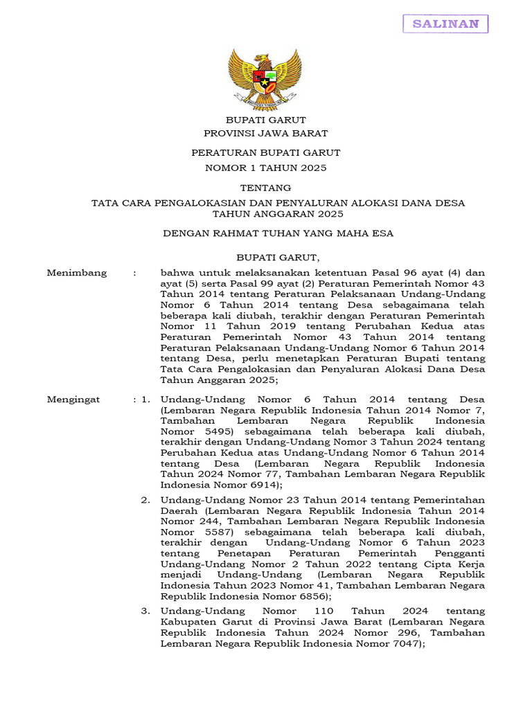 Perbup Garut Nomor 1 Tahun 2025 | PDF