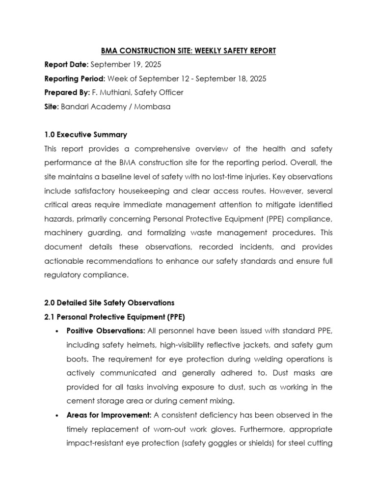 BMA CONSTRUCTION SITE SAFETY REPORT 19th Sep | PDF | Personal Protective Equipment ...