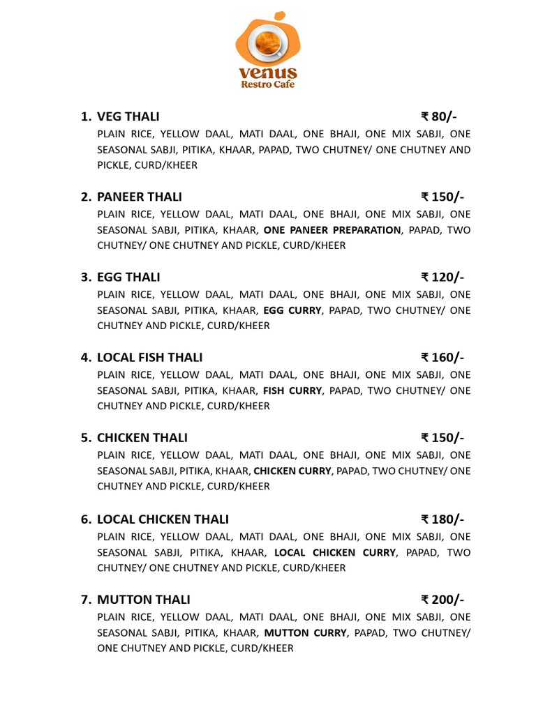 Venus Restro Café Thali Menu | PDF