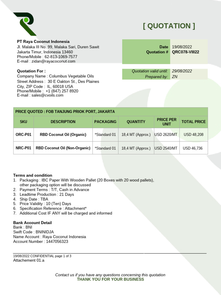 Quotation (RBD Coconut Oil) - FOB - Columbus Vegetable Oils | PDF