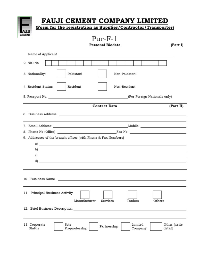 Fauji Cement Supplier Registration Form | PDF