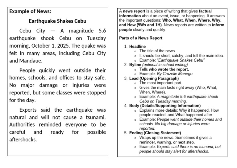 Earthquake News Report Example | PDF | Earthquakes | Natural Hazards