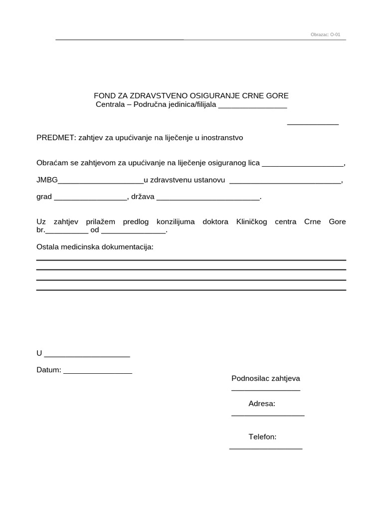Obrazac Zahtjev Za Lijecenje U Inostranstvu | PDF