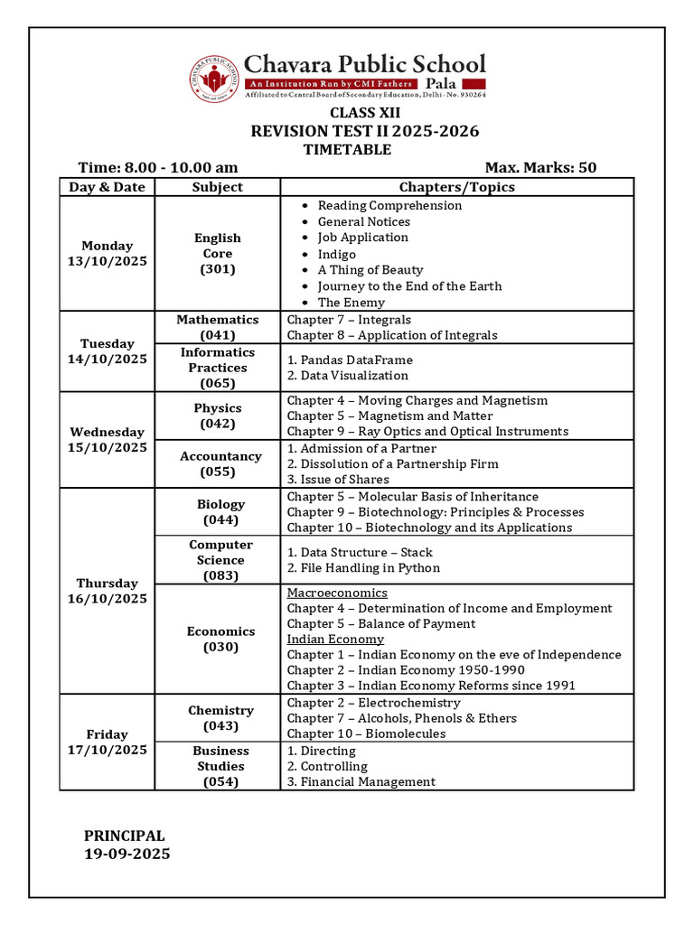 Class XII Revision Test II Timetable | PDF