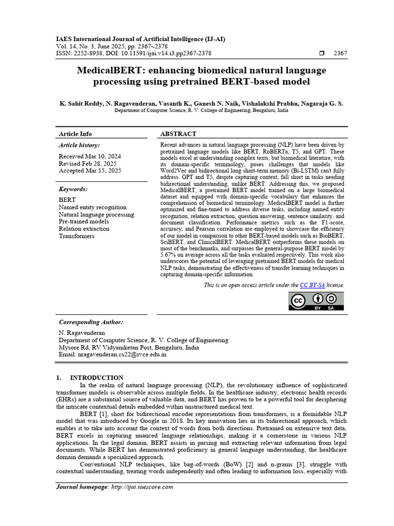 MedicalBERT: Enhancing Biomedical Natural Language Processing Using Pretrained BERT-based Model ...