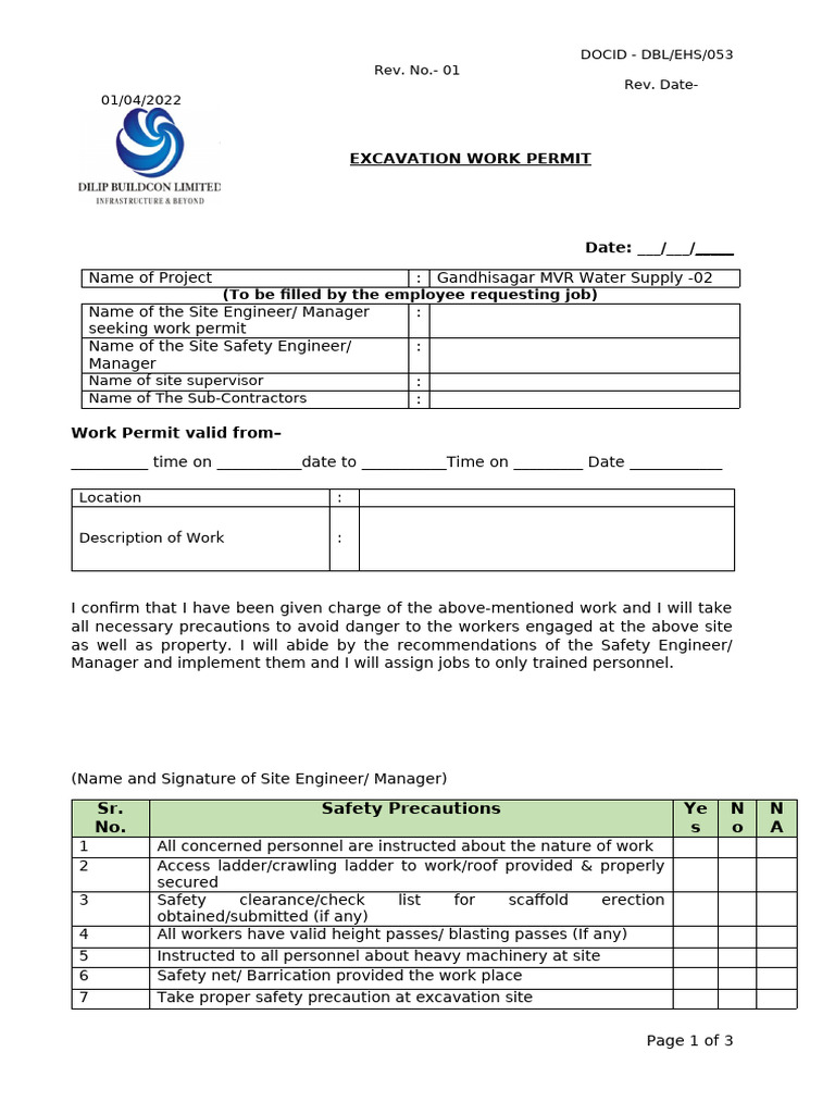 53 Excavation Work Permit | PDF | Occupational Safety And Health | Safety