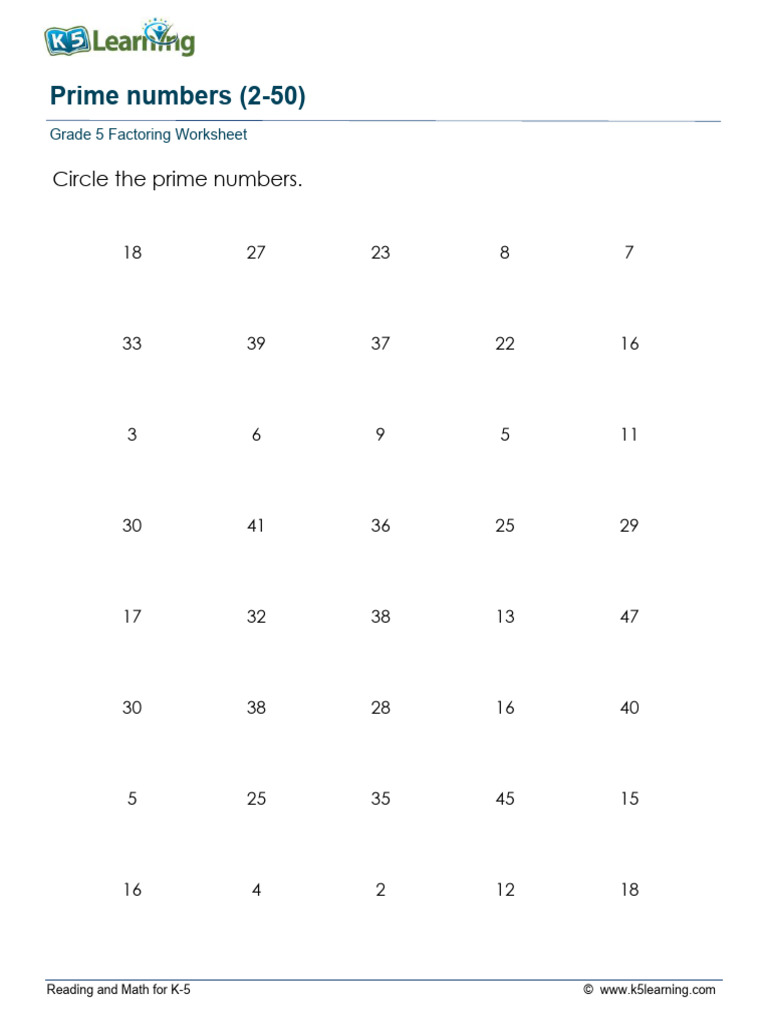 Prime Numbers Worksheet for Grade 5 | PDF