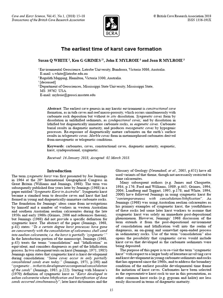 White Et Al 2018 The Earliest Time of Karst Cave Formation | PDF | Rock ...