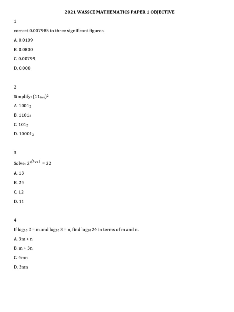 2021 WASSCE Mathematics Paper 1 Solutions | PDF | Mathematics