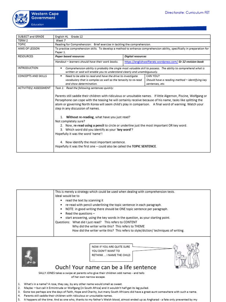 English HL Grade 12 Term 2 Week 7 - 2020 | PDF | Reading Comprehension ...