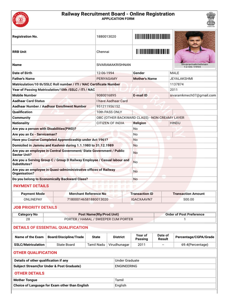 RRB Chennai Online Registration Form | PDF
