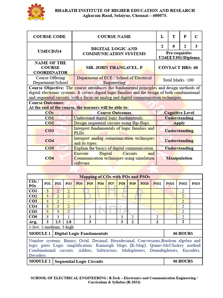 U24ecdj14 - Digital Logic and Communication Systems Common To Cse ...