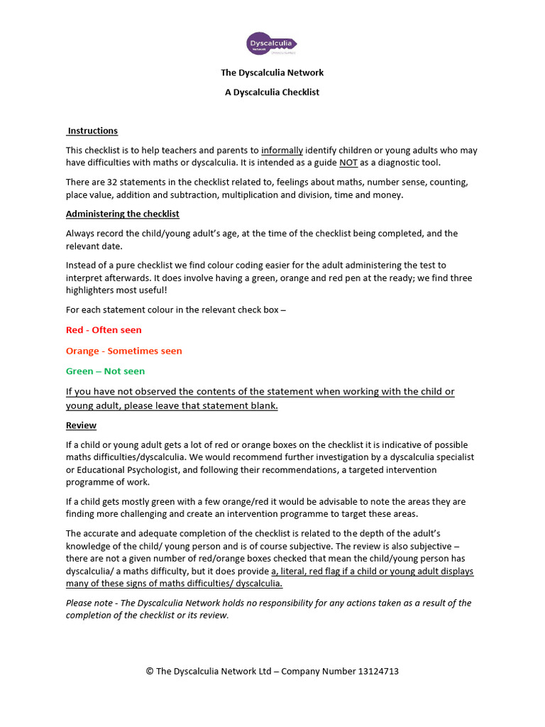 Dyscalculia Identification Checklist | PDF | Cognition