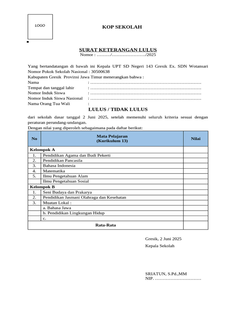 Surat Keterangan Lulus SD Gresik 2025 | PDF