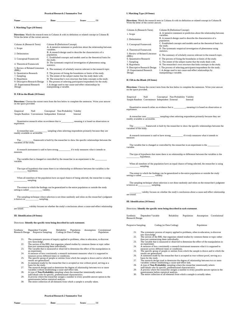 Practical Research 2 Test Guide | PDF | Validity (Statistics) | Experiment