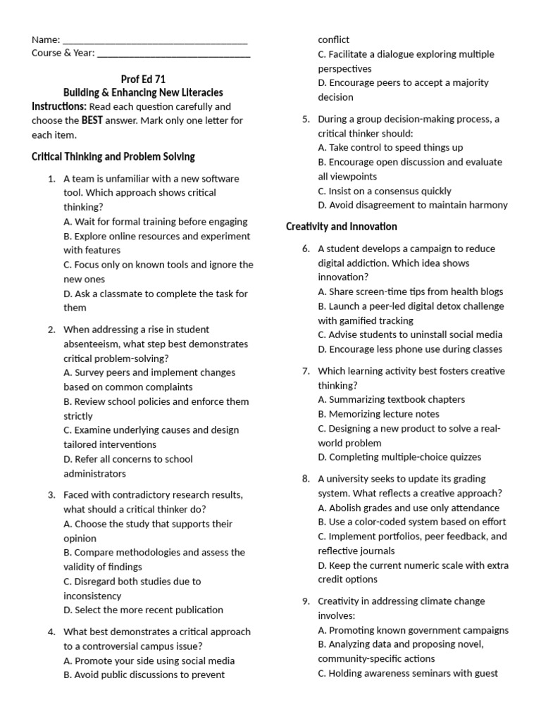 Critical Thinking and Problem Solving Quiz | PDF | Learning | Social Media
